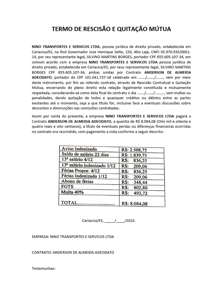 Termo de Rescisão e Quitação Mútua | PDF