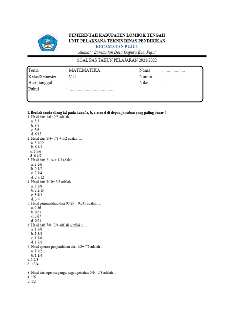 Soal MTK KLS V | PDF | Metode & Bahan Ajar | Teknologi & Rekayasa