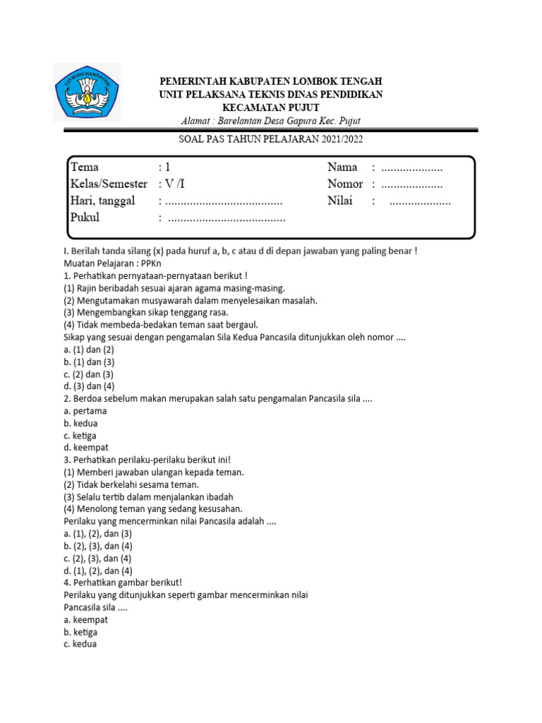 Soal PAS PPKn, Bahasa, IPA, IPS, SBdP Kelas V | PDF
