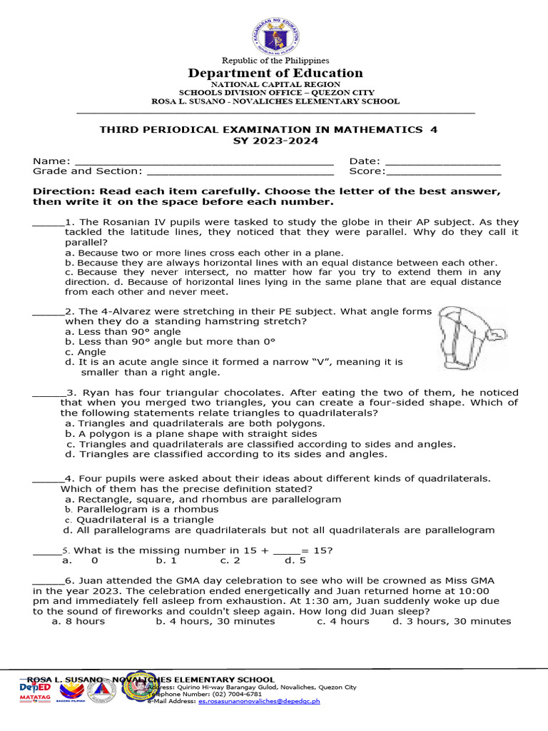 Q3PT Math4 2023-2024 | PDF | Rectangle | Triangle