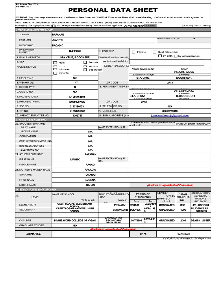 CS Form No. 212 Revised Personal Data Sheet 2023-2024 | PDF | Teachers