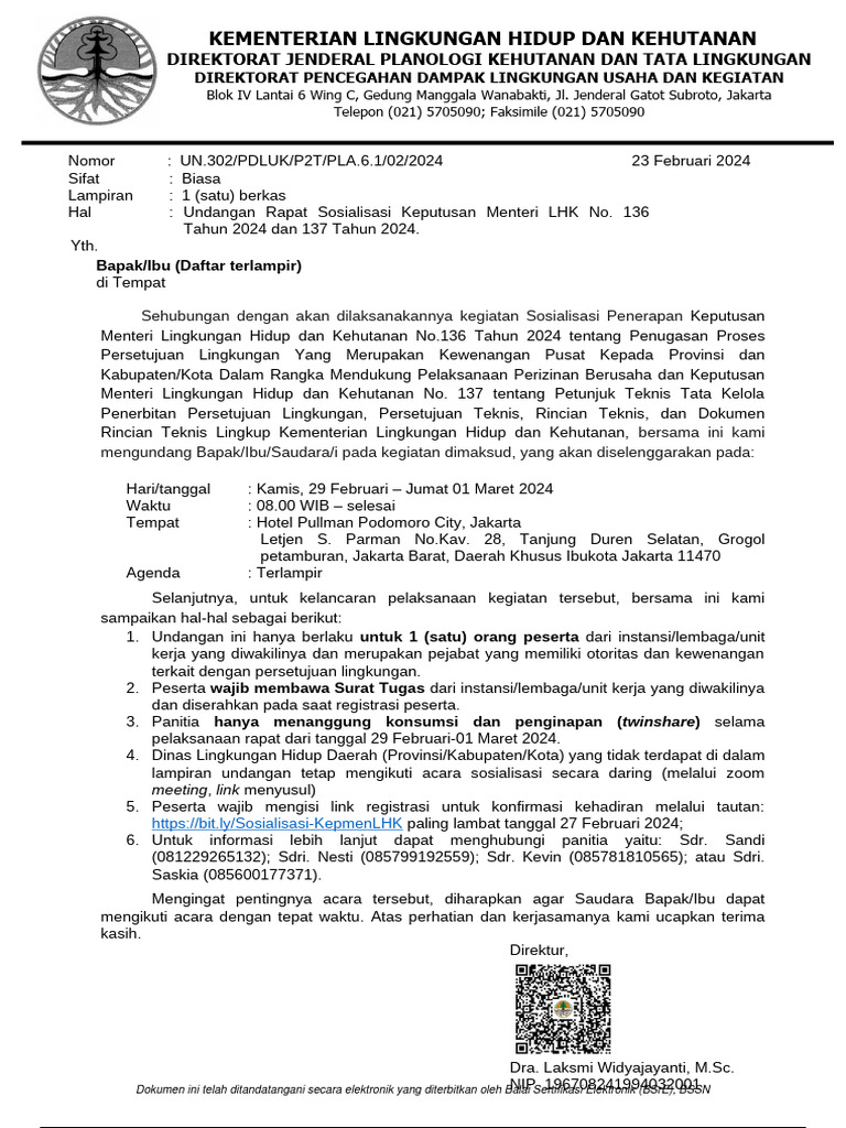 UN.302 Undangan Rapat Sosialisasi Keputusan Menteri LHK No. 136 Tahun 2024 Dan 137 Tahun 2024. | PDF