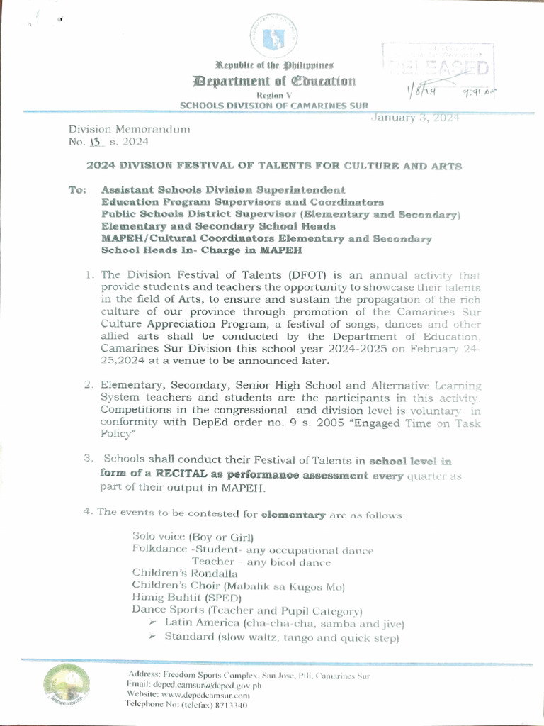 2024 Division Festival of Talents For Culture and Arts | PDF | Dances ...