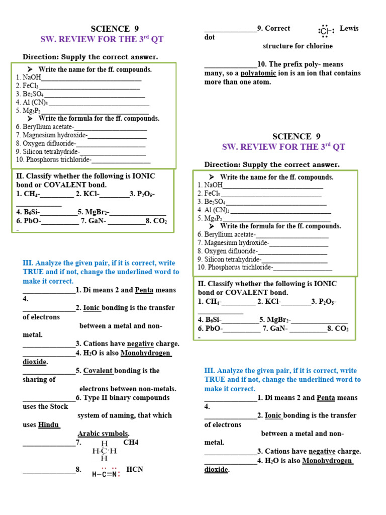 SW Review Science 9-3RD QT | PDF | Ion | Chemical Compounds