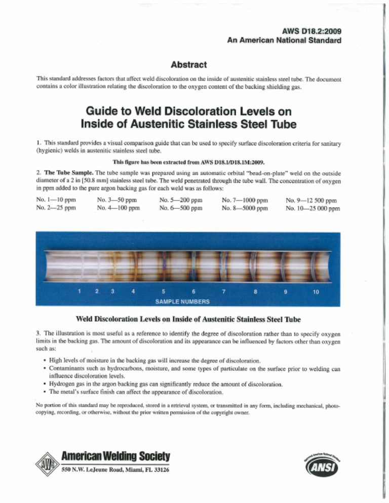 AWS D18.2-2009 - Guide To Weld Discoloration Levels On Inside of ...