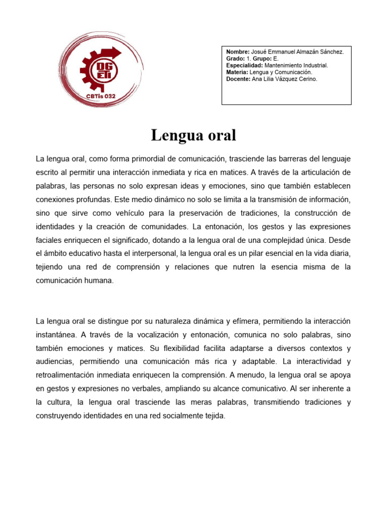 Lengua Oral y Escrita | PDF | Comunicación | Lingüística