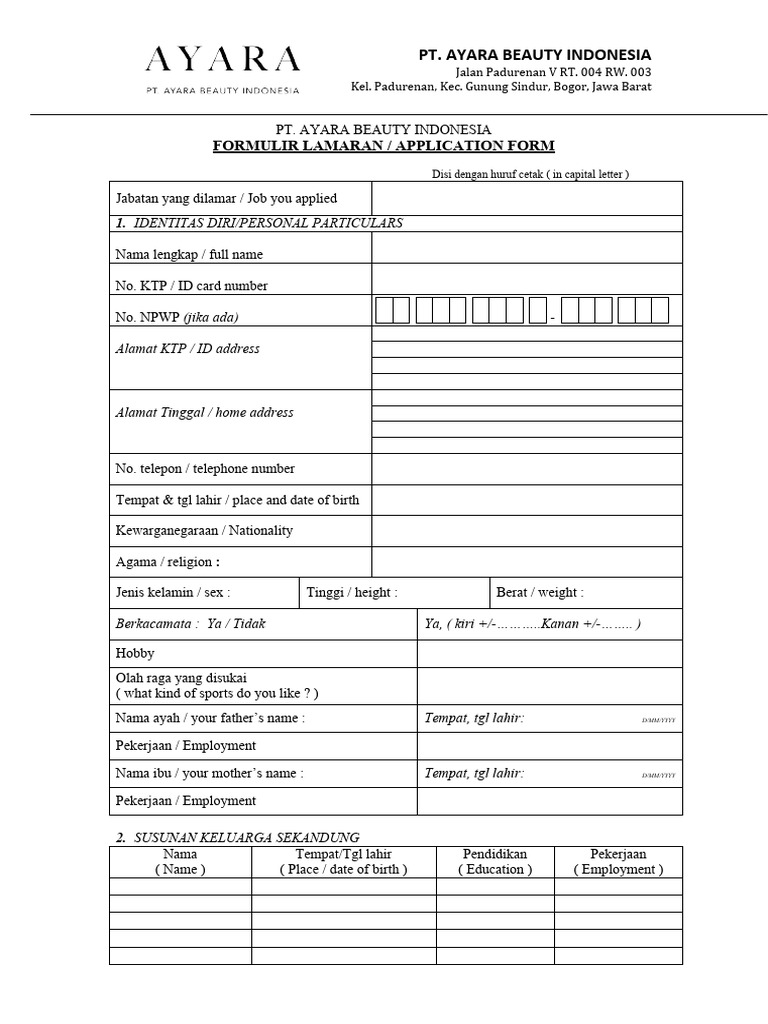 f1-hrd Rev 5 Formulir Lamaran U Staff (Fix) Ayara | PDF