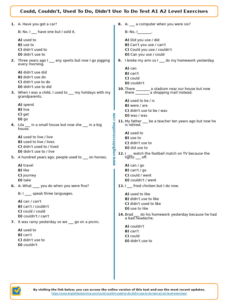 436 - Could Couldnt Used To Do Didnt Use To Do Test A1 A2 Level ...