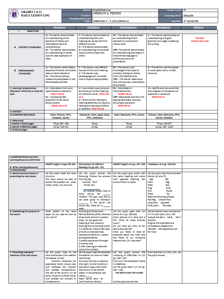 DLL - English 4 - Q3 - W2 | PDF | Learning | Nonverbal Communication