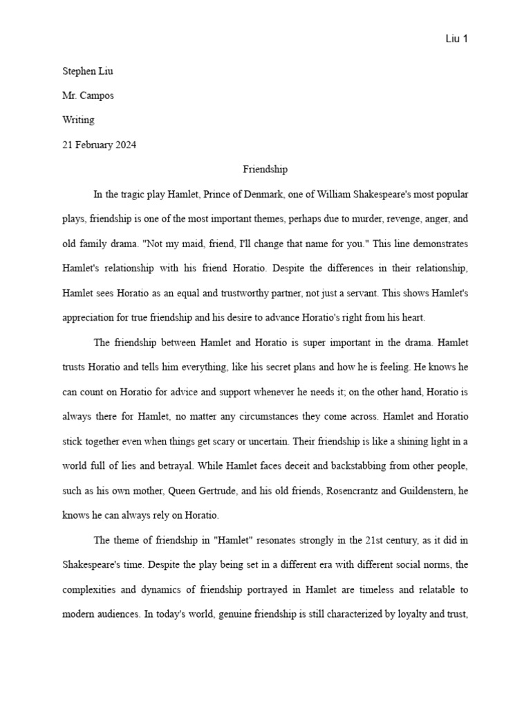 Reflective Essay - Friendship - Stephen Liu | PDF | Hamlet | Friendship