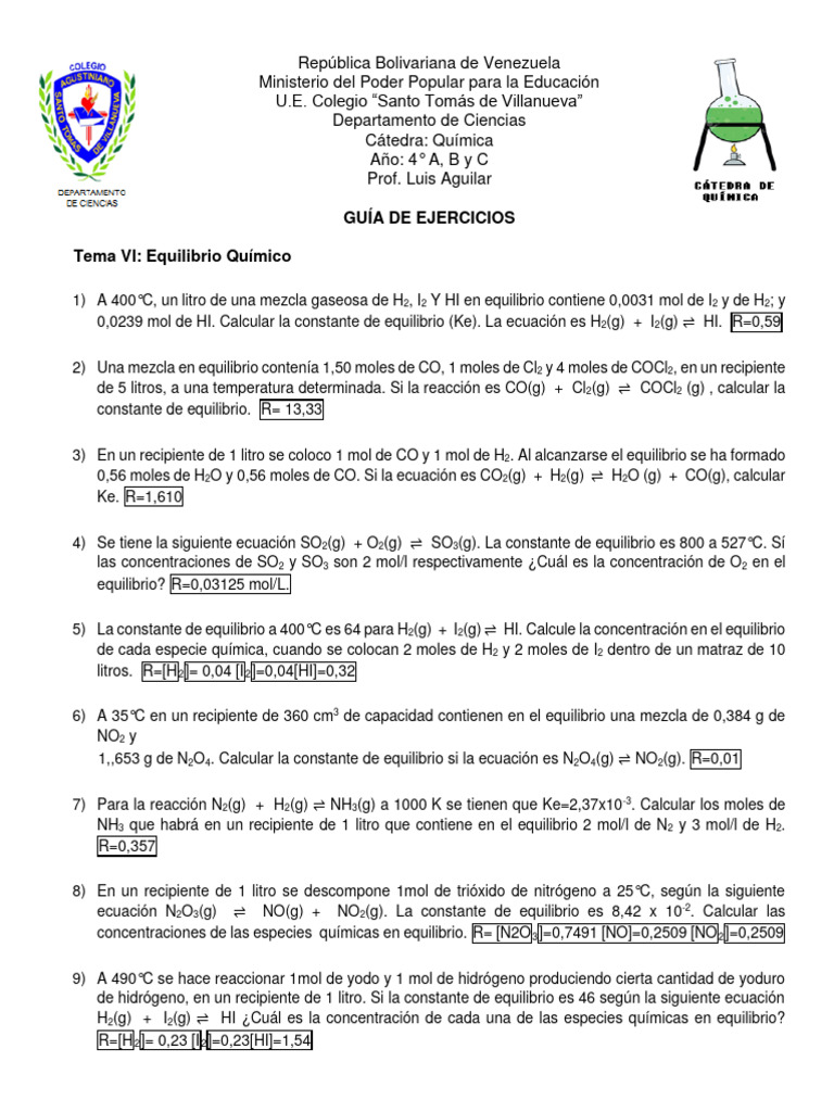Guía de Problemas Tema VI Equilibrio Químico II | PDF | Equilibrio ...