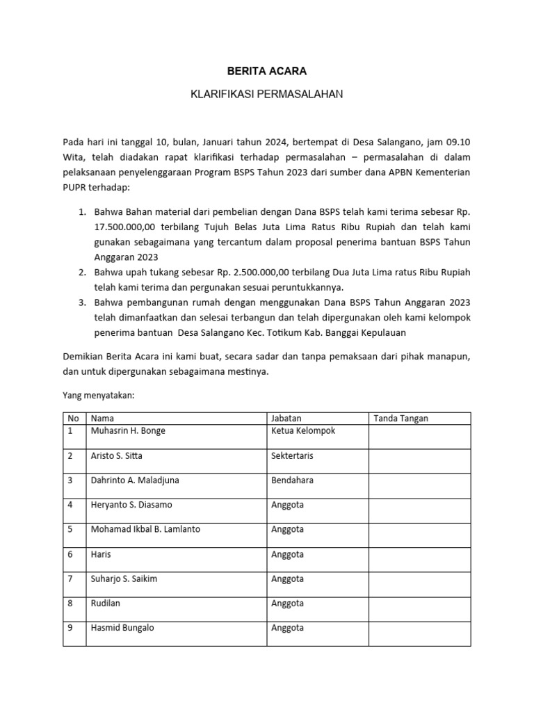 Klarifikasi Program BSPS 2023 Desa Salangano dan Kautu | PDF