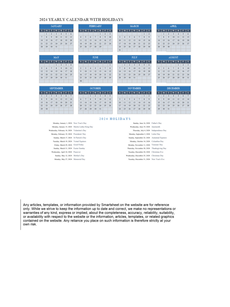 IC 2024 Yearly Calendar Template With Holidays | PDF | Observances | Public Holiday
