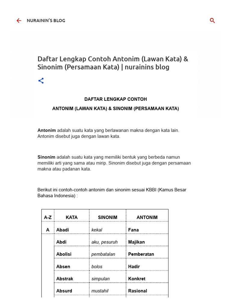 Daftar Lengkap Contoh Antonim (Lawan Kata) & Sinonim (Persamaan Kata) | PDF