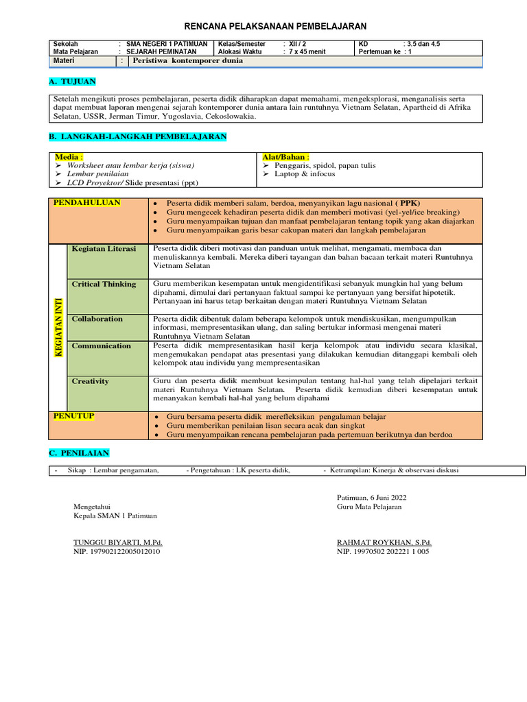 RPP Sejarah Peminatan Kelas Xii Ips Semester 2 | PDF