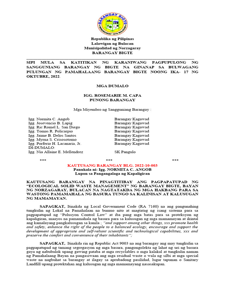 Kautusang Barangay 2022-003 Ecological Solid Waste Management | PDF