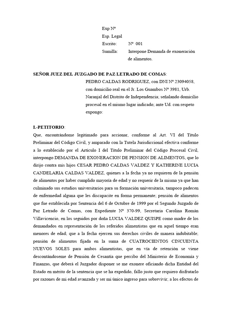 Caso Exoneracion de Alimentos | PDF | Demanda judicial | Pensión ...