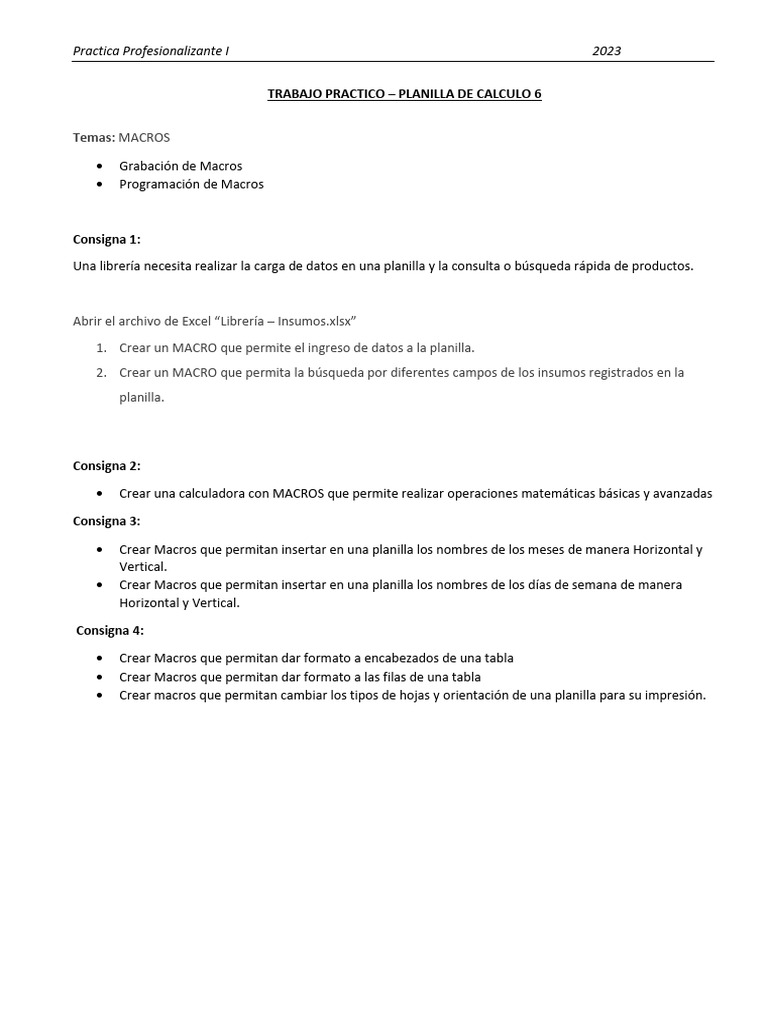 Trabajo Practico - Planilla de Calculo 6 - Libreria - Macros | PDF