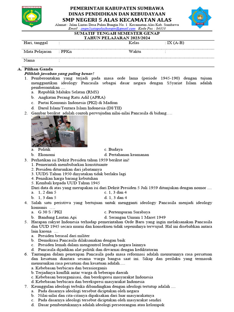 SOAL STS Genap PPKN KELAS 9 | PDF