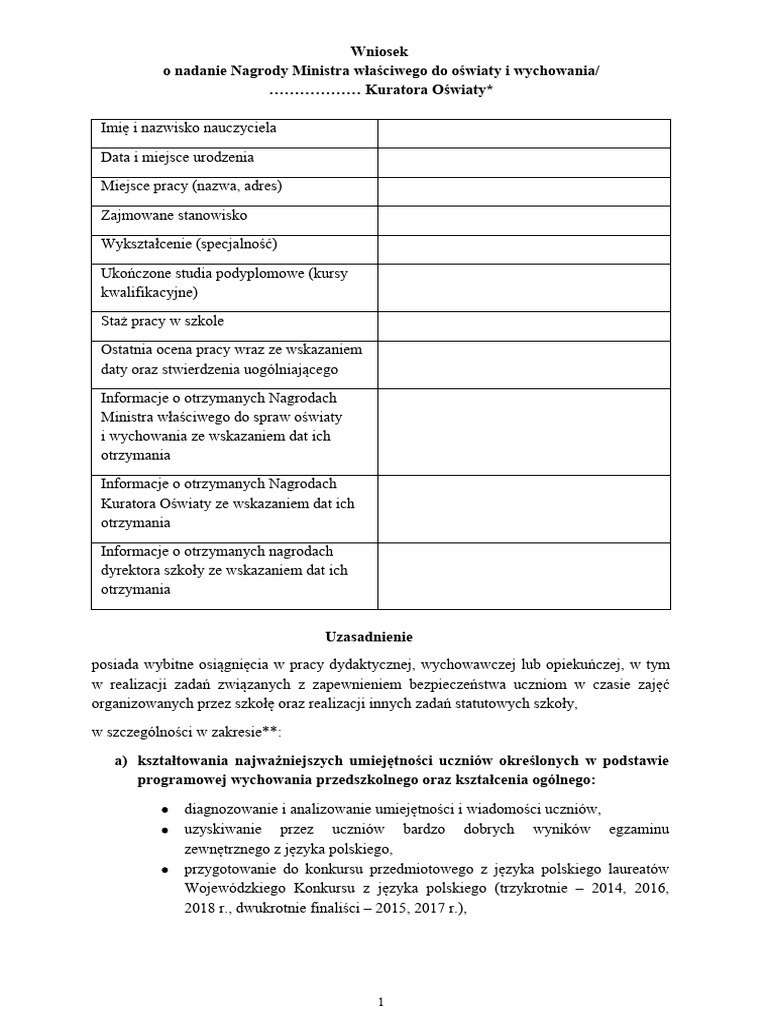Wniosek o Nagrodę Kuratora Oświaty | PDF