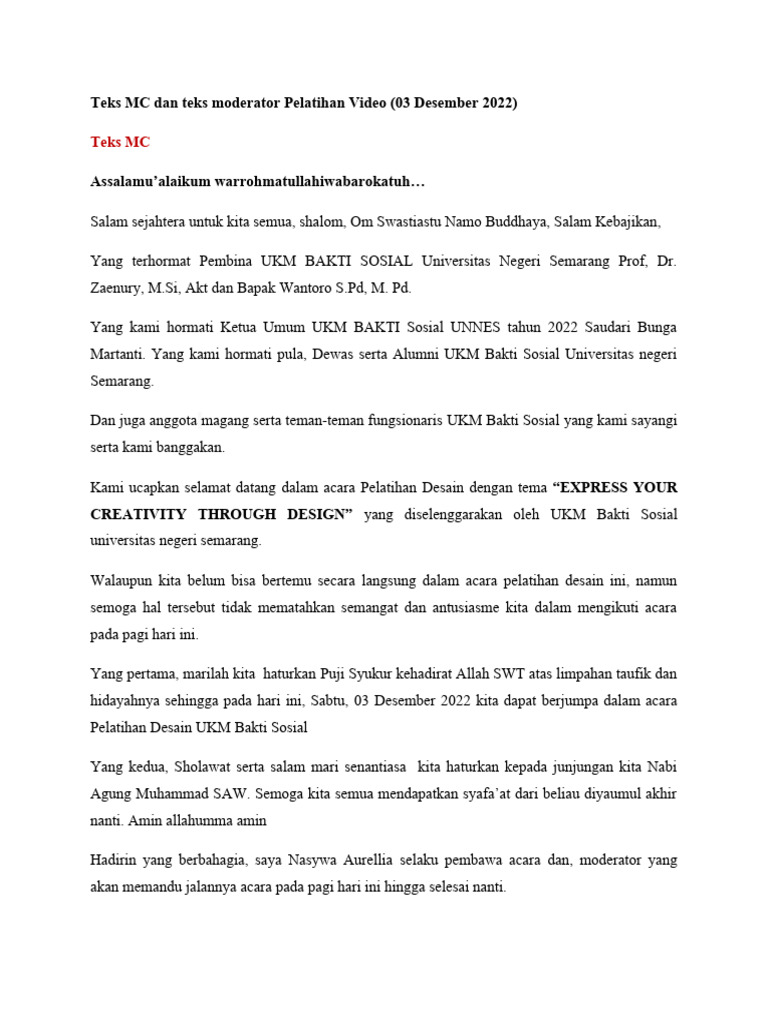 Teks MC Pelatihan Desain 2022 | PDF