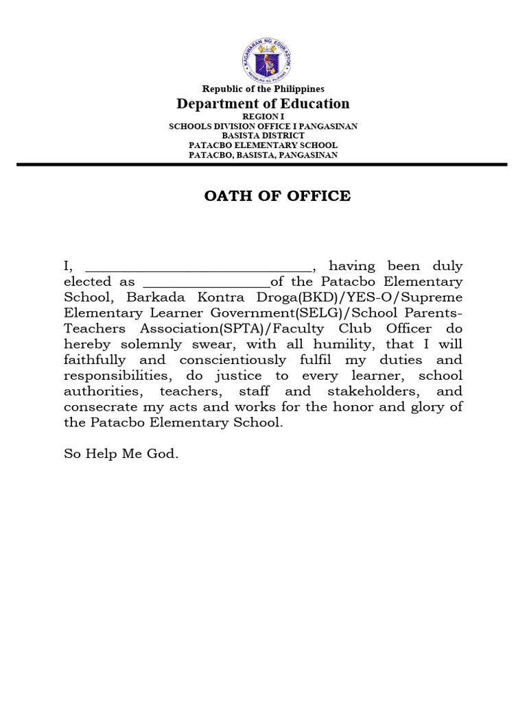 Oath of Office for School Officers | PDF