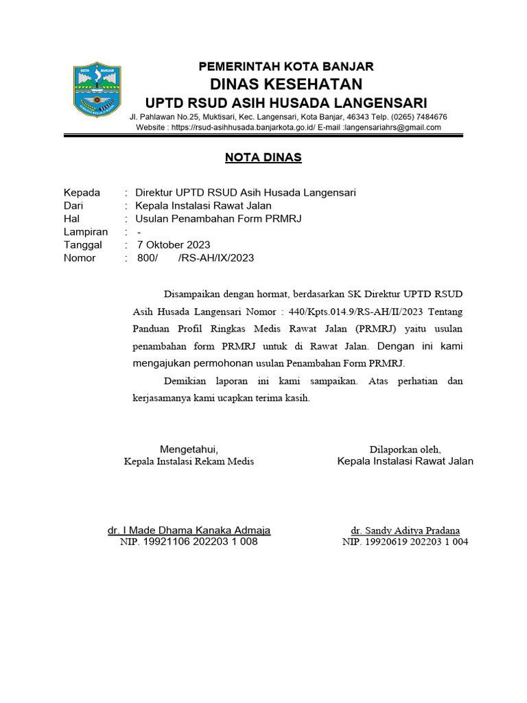 Nota Dinas PRMRJ | PDF