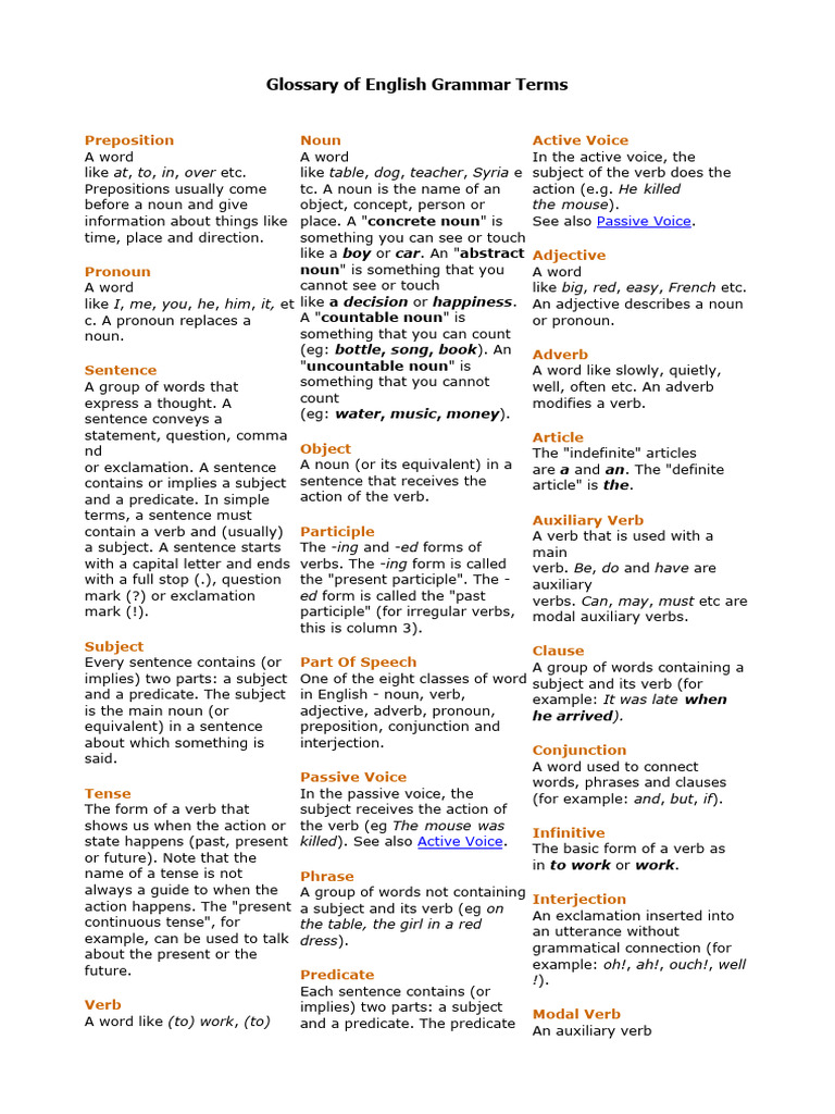 Glossary Grammar Terms | PDF | Verb | Noun
