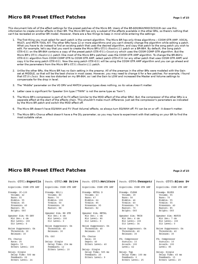 Boss Micro BR Preset Effect Patches | PDF | Synthesizer | Sound Production Technology