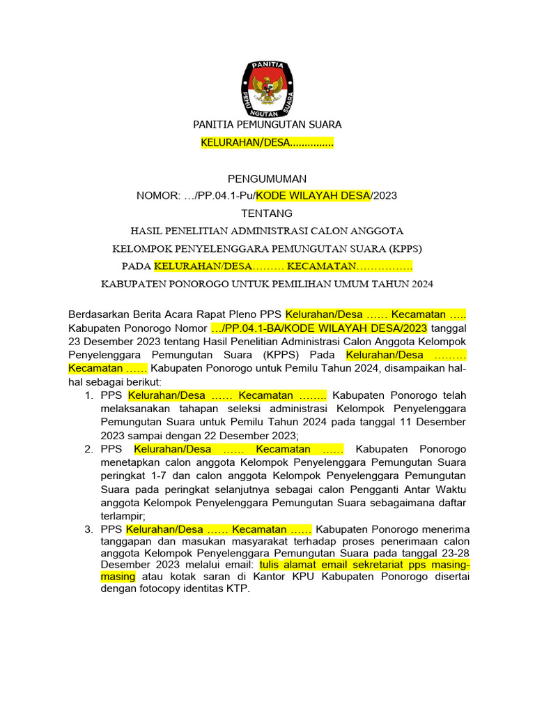 Draft BA Pengumuman Hasil Seleksi Administrasi | PDF