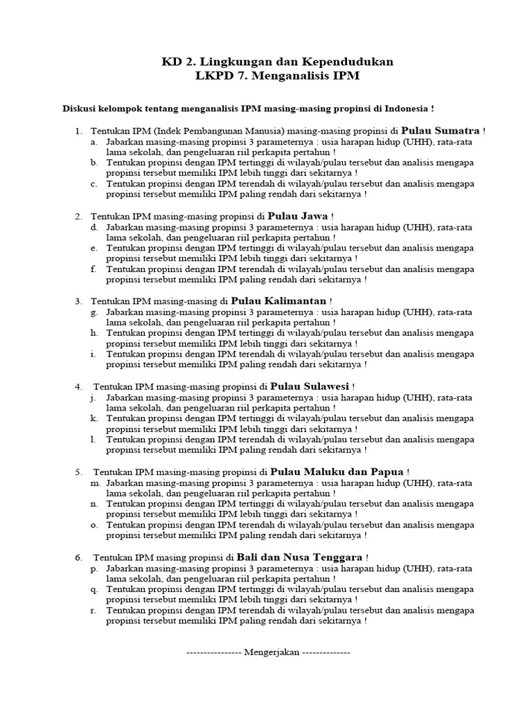LKPD 7. Kualitas Penduduk Dan IPM | PDF | Perjalanan | Kajian Bahasa Asing