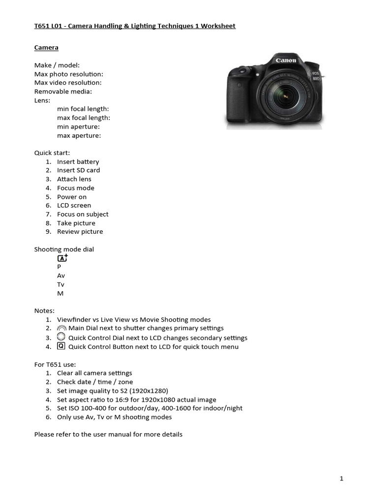 T651 L01 - Camera Handling & Lighting Techniques 1 Worksheet Camera ...