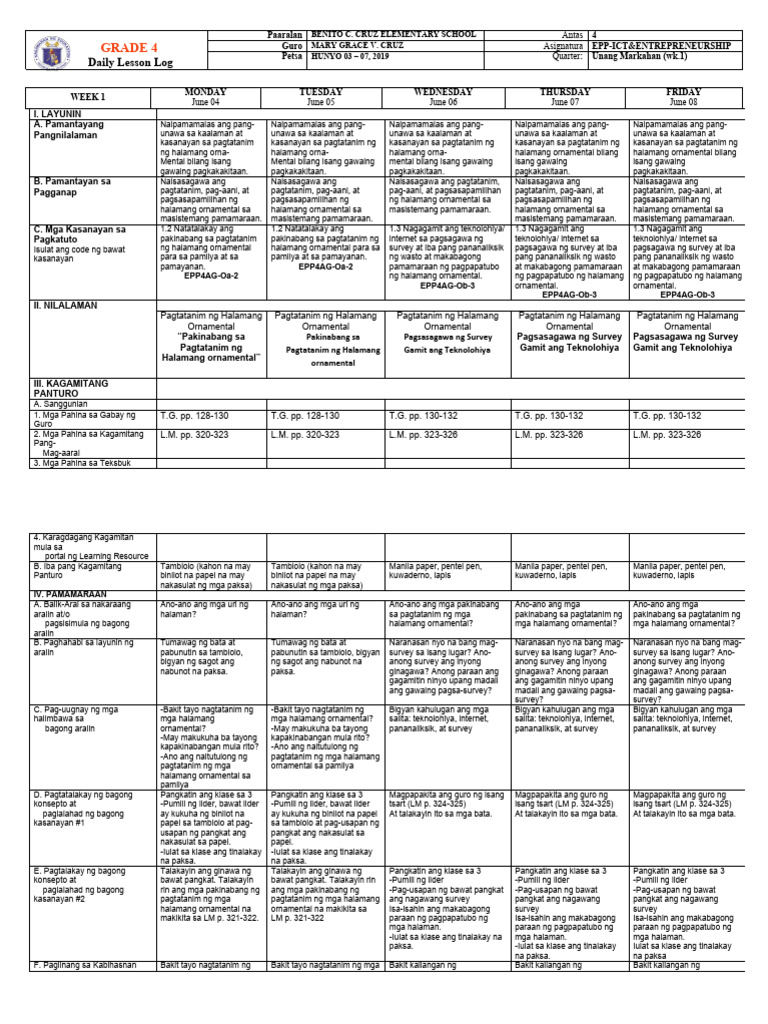 DLL Epp Wk. 1 (Gr.4) - Entre | PDF