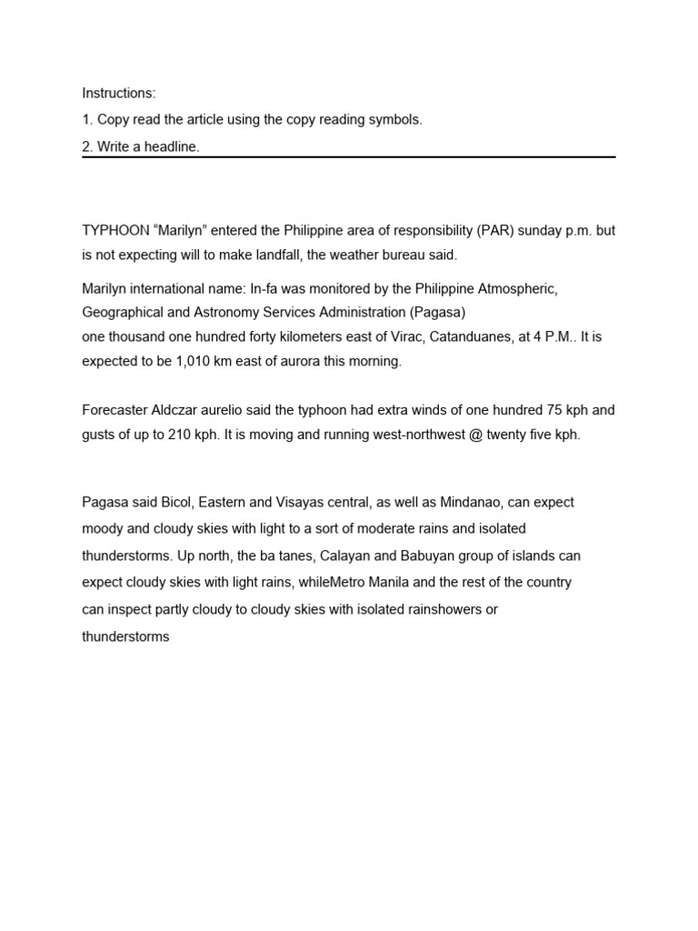 Copyreading and Headline Writing Activity 1 | PDF