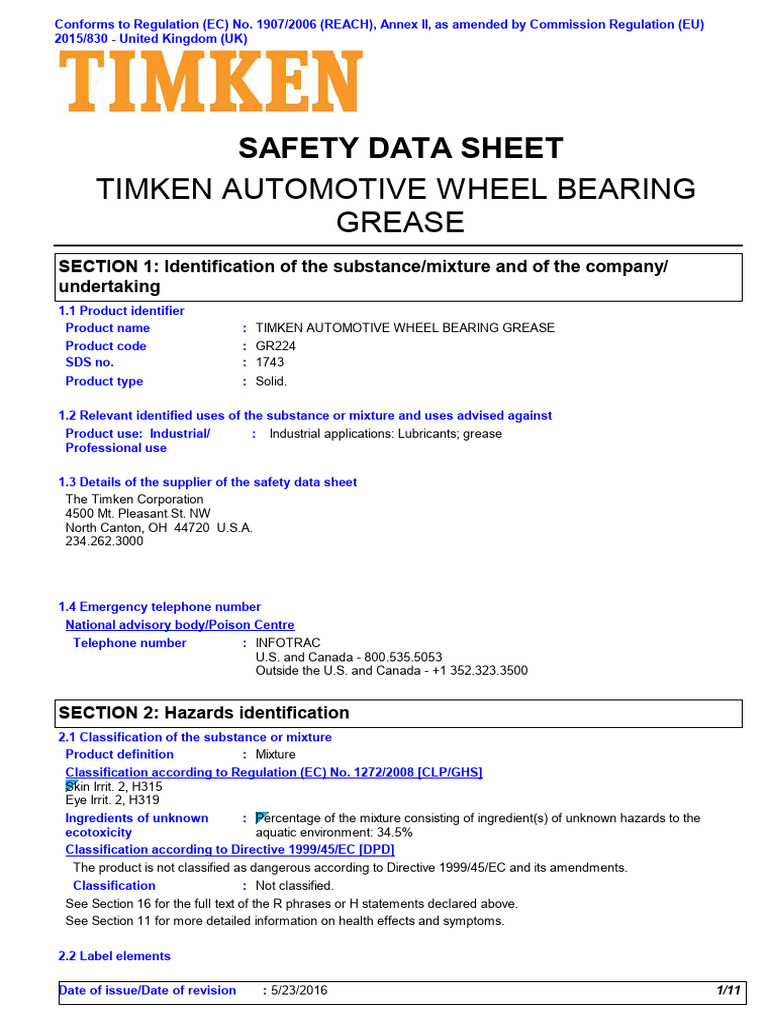 MSDS Grease Timken | PDF | Toxicity | Physical Sciences
