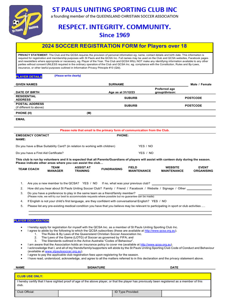Adult Soccer Registration Form | PDF | Government | Justice