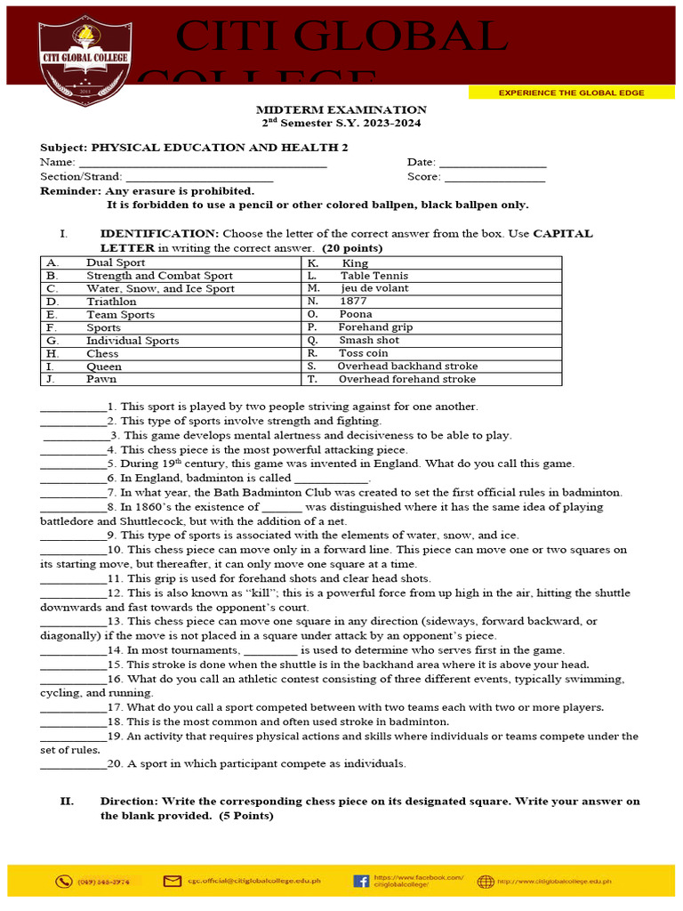 Exam P.E 2 | PDF | Sports | Entertainment