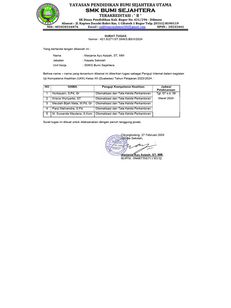 Surat Tugas Penguji Internak BDP | PDF