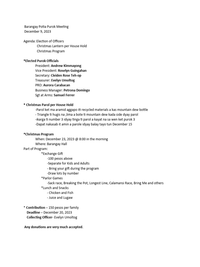 Barangay Potia Purok Meeting | PDF