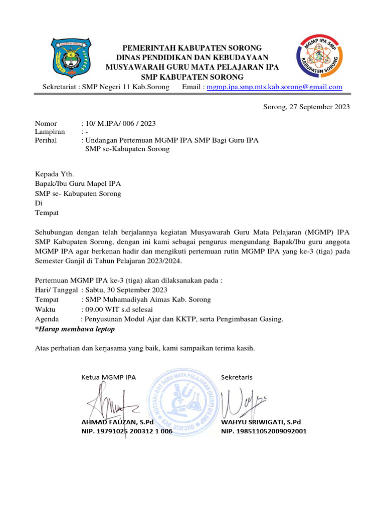 UNDANGAN MGMP Ke-3 | PDF