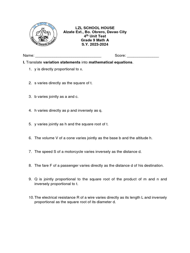 LZL SCHOOL HOUSE-UT 4 Grade 9 Math A | PDF | Equations | Mathematics