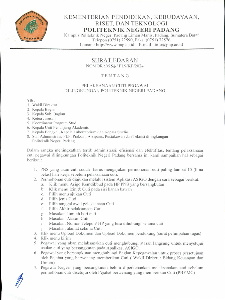 Surat Edaran Pelaksanaan Cuti Pegawai PNP | PDF