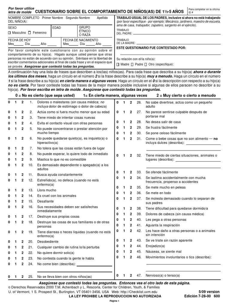 CBCL 1 - 5-5 Final Latino Spanish | PDF | Enfermedades y trastornos | Medicina CLINICA