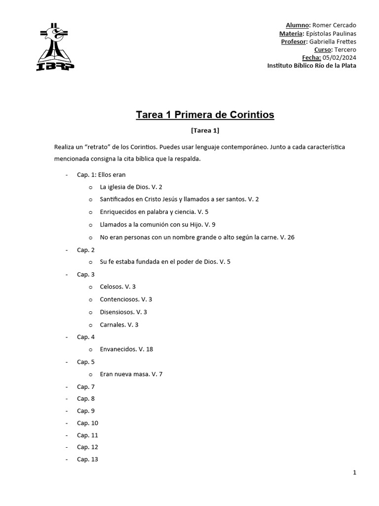 Tarea de 1° Corintios | PDF | Pablo el apóstol | Primera epístola a los corintios