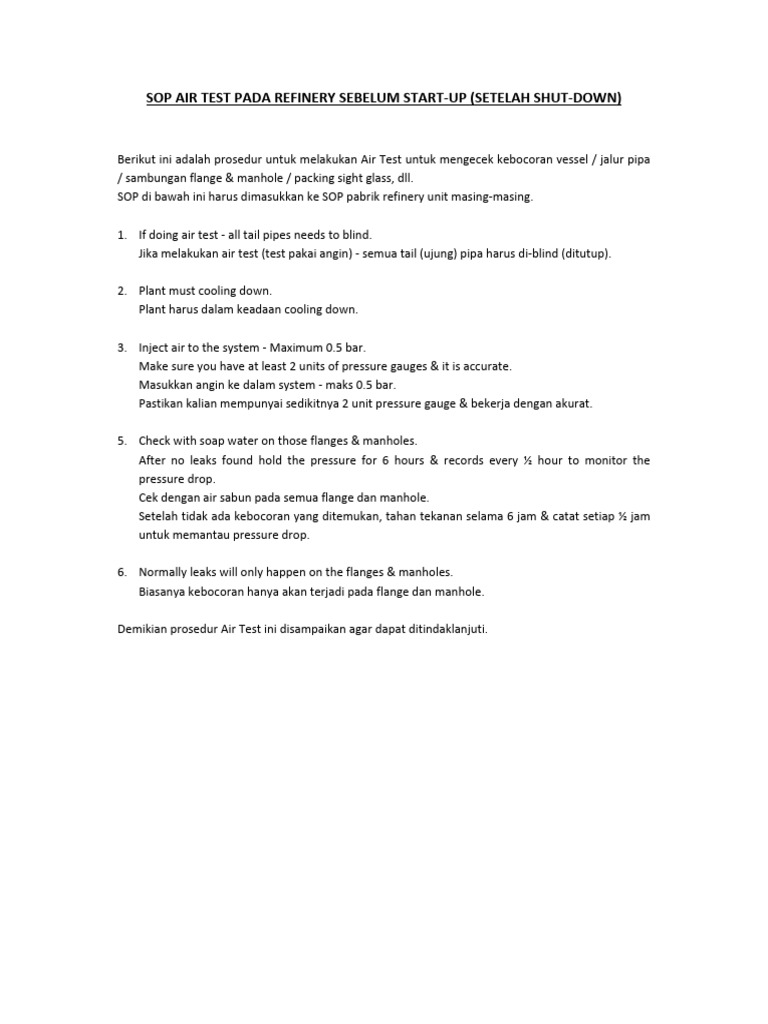 Sop Air Test Pada Refinery Plant | PDF | Sains & Matematika