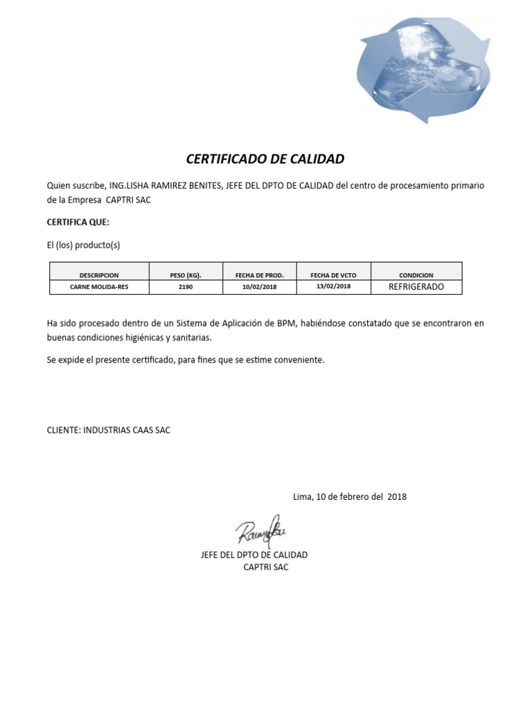 Modelo de Certificado de Calidad | PDF