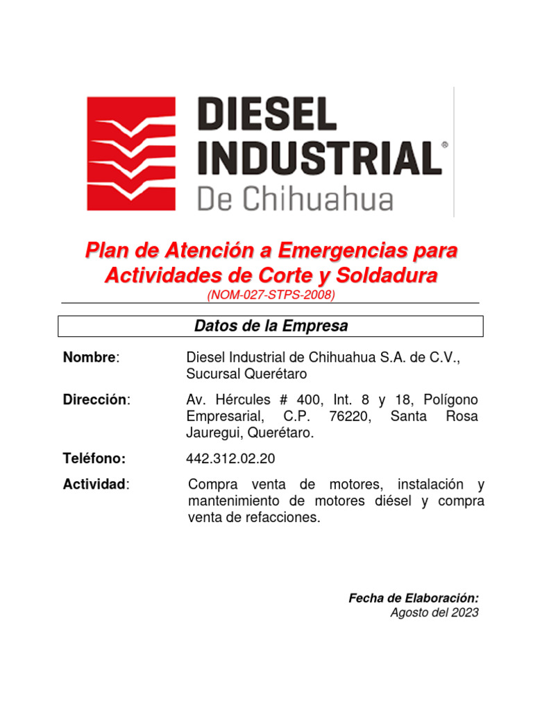 Plan de Atencion de Emergencias Corte y Soldadura Diesel Ind Chih Suc Queretaro 2023 | PDF ...