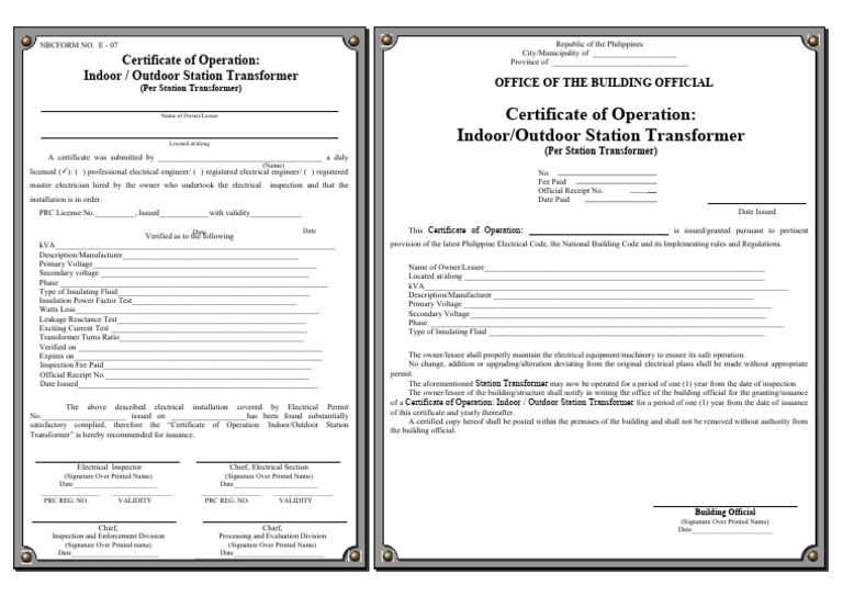Certificate of Operation Indoor Outdoor Station Transformer | Download ...