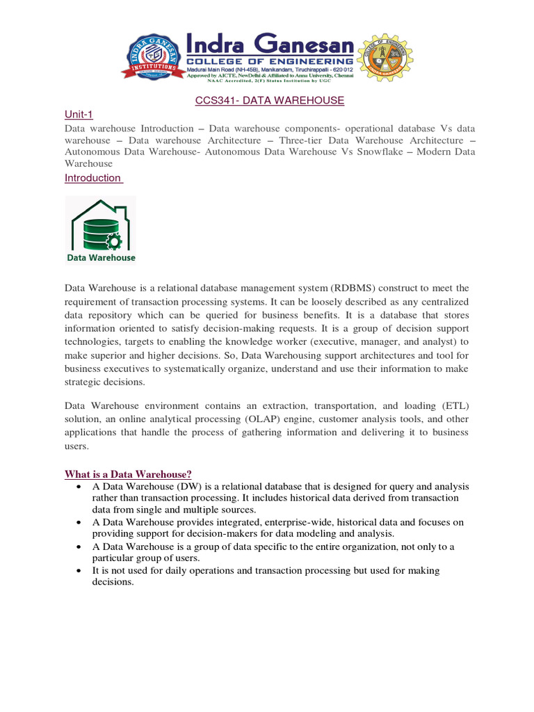 DATA WAREHOUSE-CCS341 MATERIAL | PDF | Data Warehouse | Relational Database