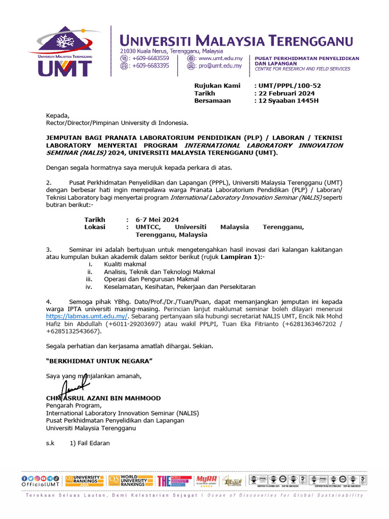 Surat Undangan Seminar Internasional PLP-UMT 2024 | PDF
